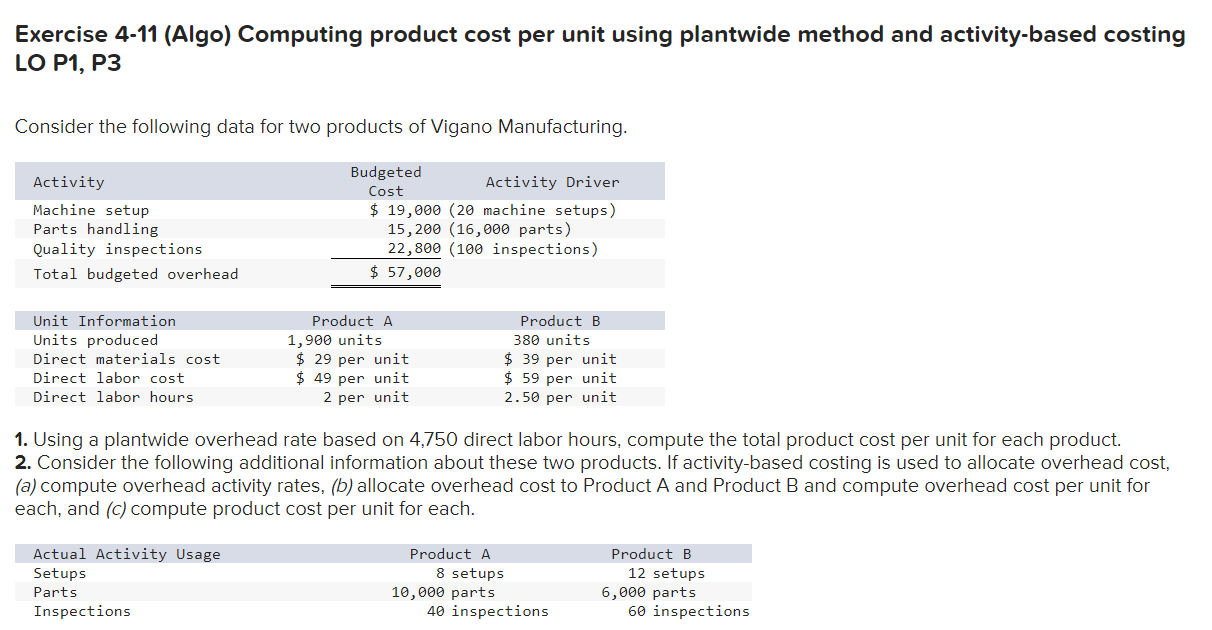 Solved Exercise 4-11 (Algo) Computing product cost per unit | Chegg.com