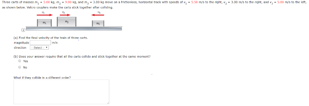Solved Three carts of masses m1 5.00 kg, m2 - 9.00 ka, and | Chegg.com