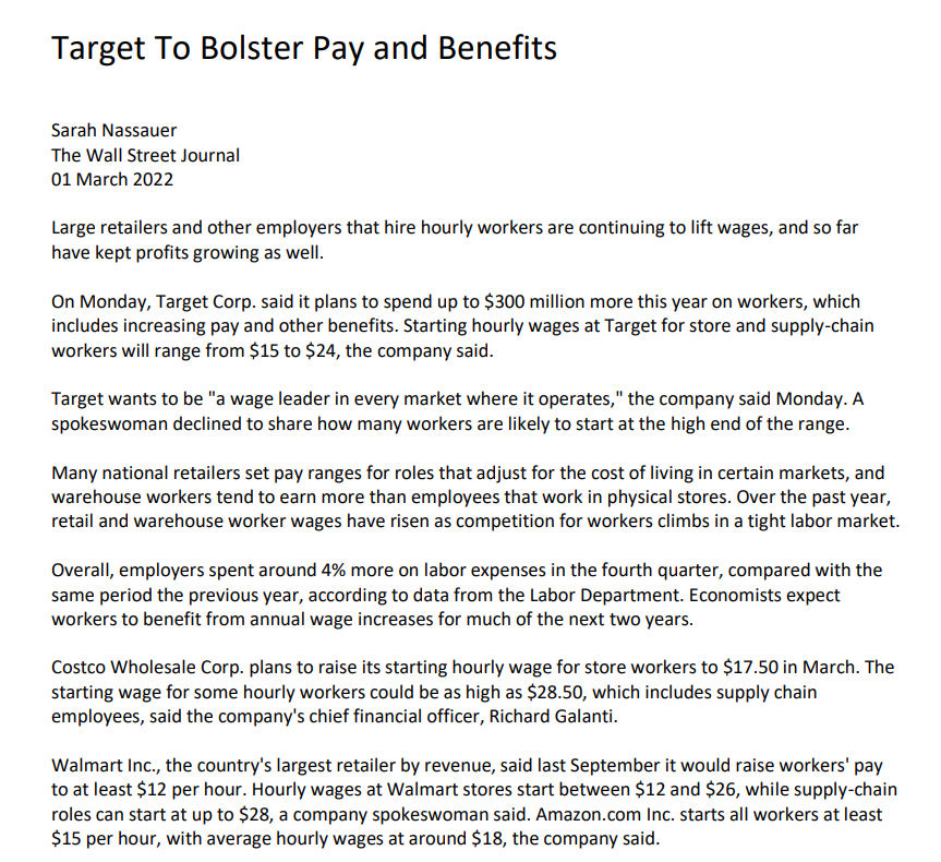 Solved Target To Bolster Pay and Benefits Sarah Nassauer The | Chegg.com