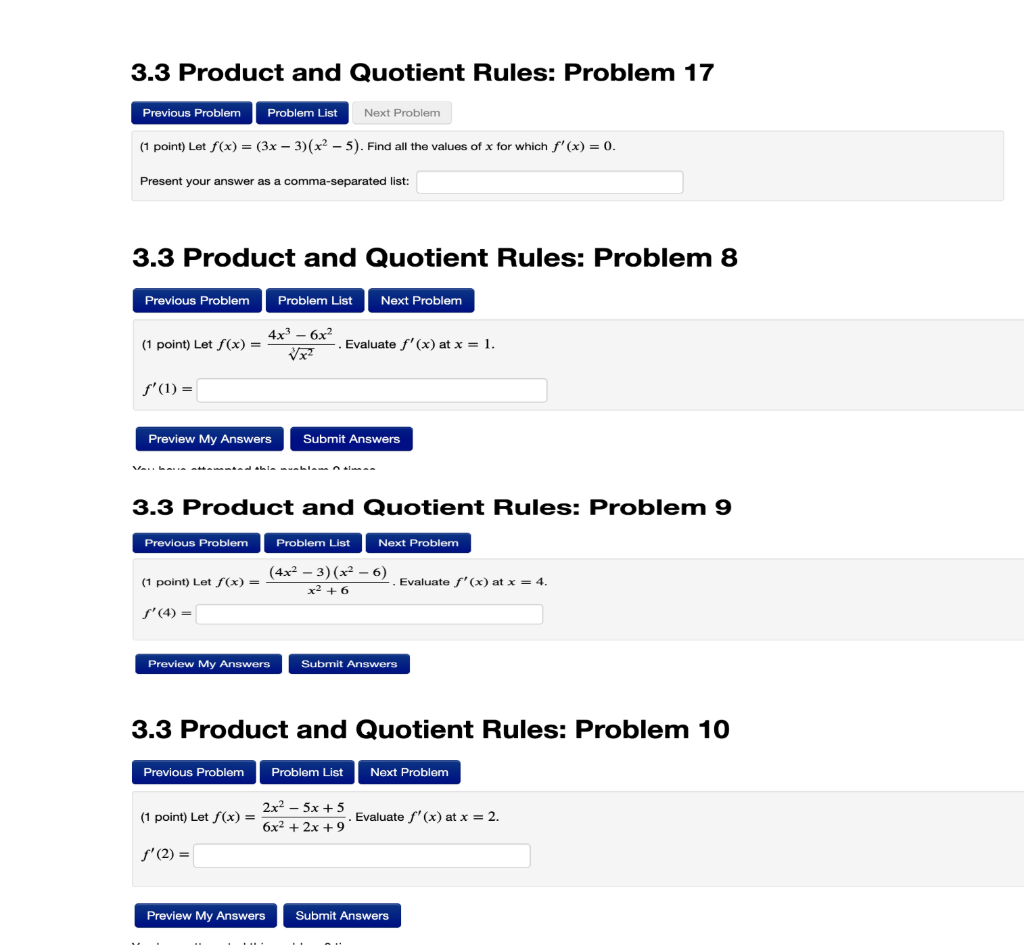 Solved 3.3 Product and Quotient Rules: Problem 17 Previous | Chegg.com
