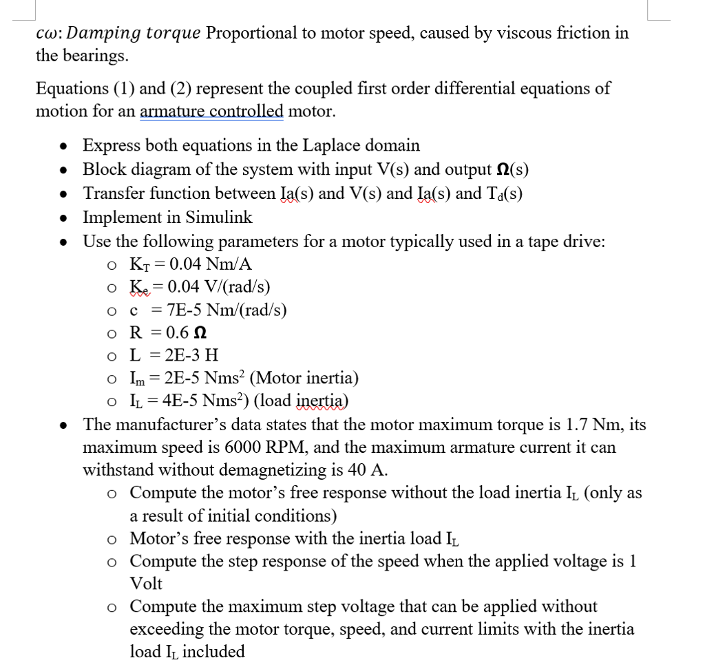 cw: Damping torque Proportional to motor speed, | Chegg.com