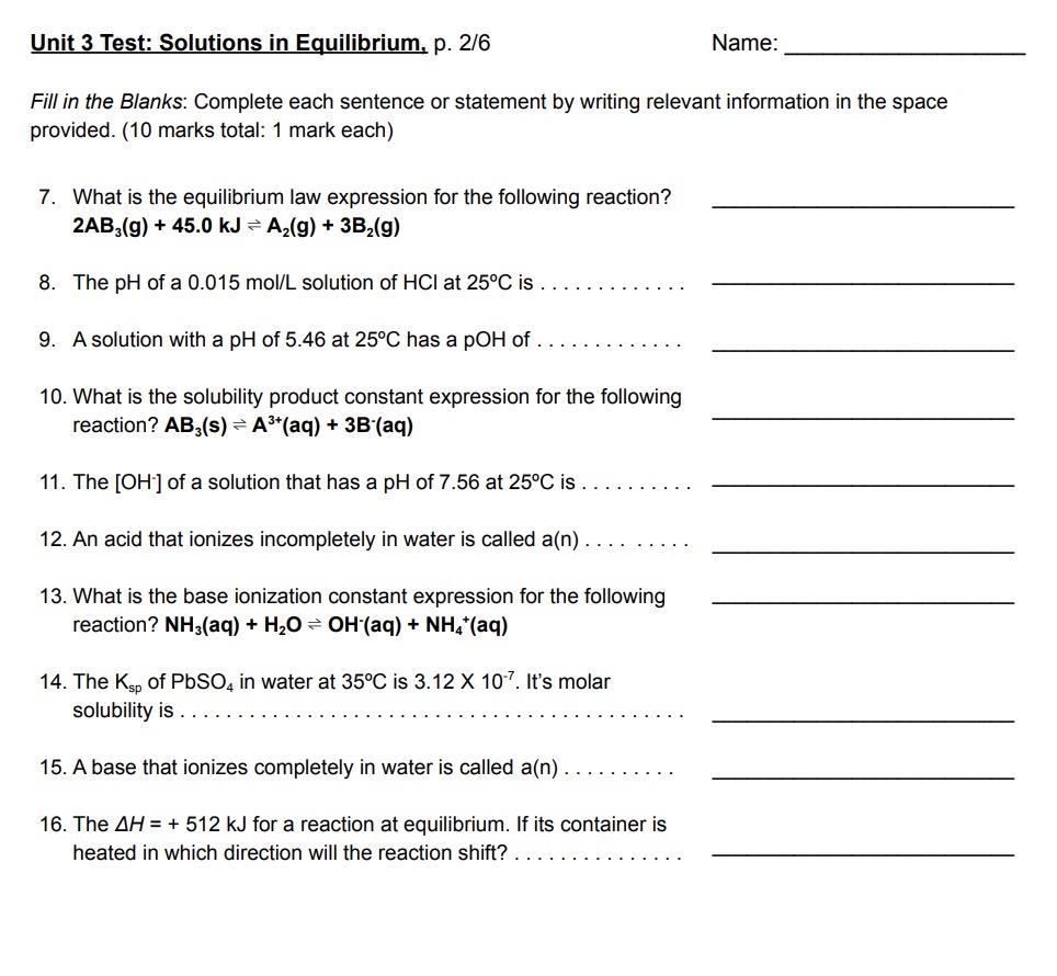Unit 3 Test: Solutions in Equilibrium, p. 1/6 Name: | Chegg.com