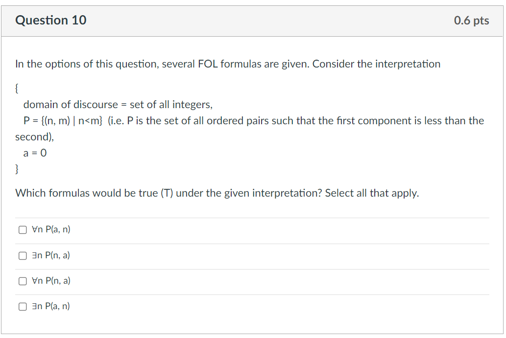 Solved In the options of this question, several FOL formulas | Chegg.com