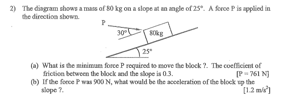 Solved 2) The diagram shows a mass of 80 kg on a slope at an | Chegg.com