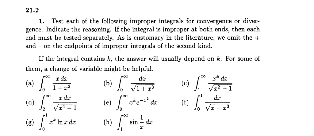 Solved 21.2 1. Test each of the following improper integrals | Chegg.com