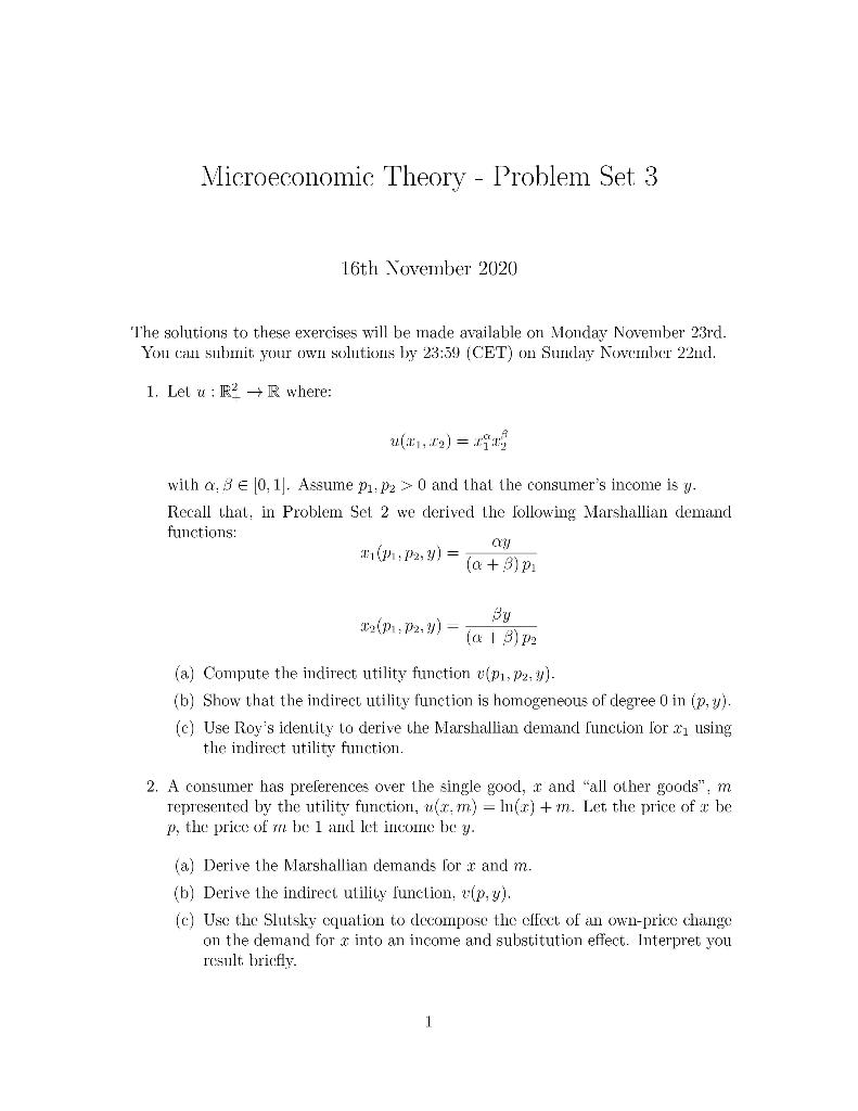 Solved Microeconomic Theory - Problem Set 3 16th November | Chegg.com