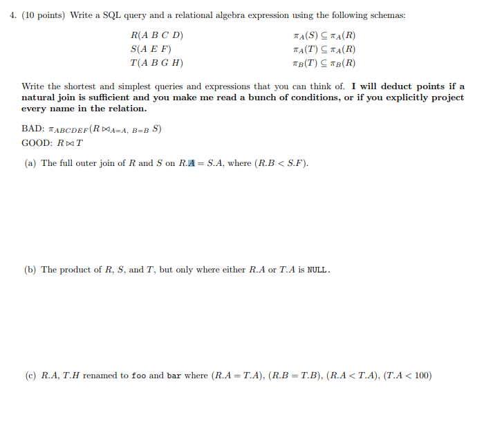 Solved 4. (10 points) Write a SQL query and a relational | Chegg.com