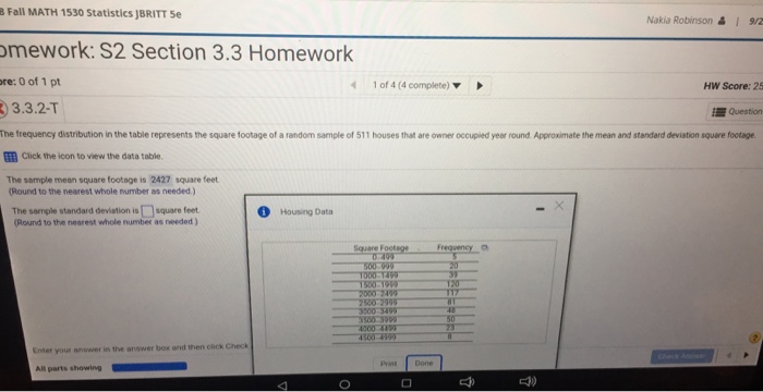 Solved Fall MATH 1530 Statistics JBRITT 5e mework: S2 | Chegg.com