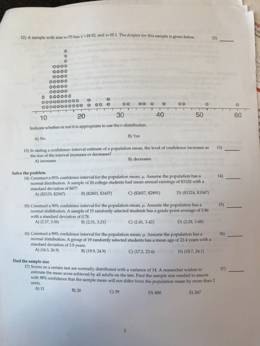 Solved 12) A sample with size n-75 has x-18.92, and s-10.1. | Chegg.com