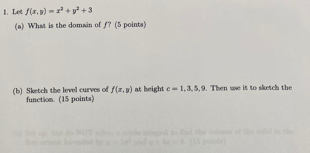 Solved Let f(x,y)=x2+y2+3 (a) What is the domain of f? (5 | Chegg.com