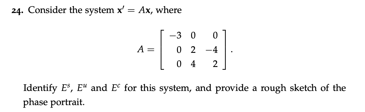 Solved 24. Consider the system x' = Ax, where -3 0 0 A= 0 2 | Chegg.com