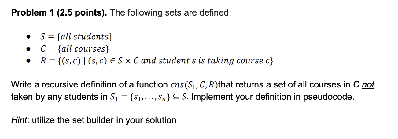 Solved Problem 1 (2.5 points). The following sets are | Chegg.com