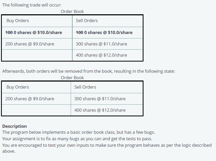 Solved 7. Buggy Order Book Order Book In trading, an order | Chegg.com