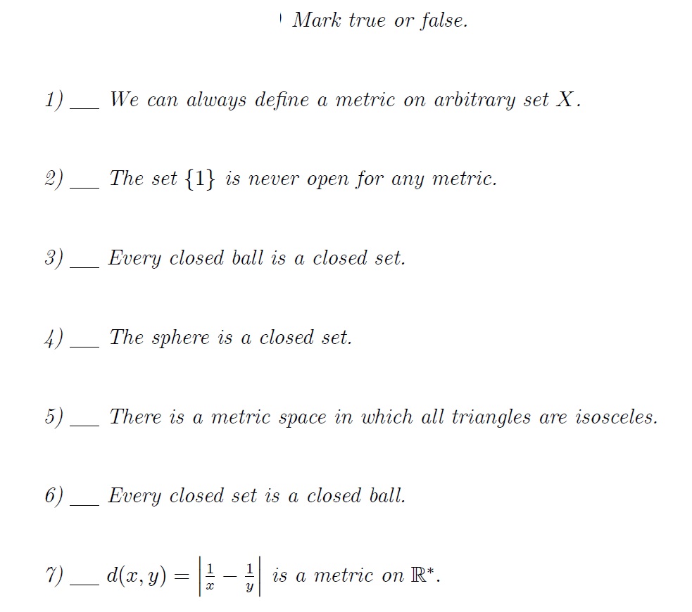 Mark true or ﻿false.We ﻿can always define a metric | Chegg.com