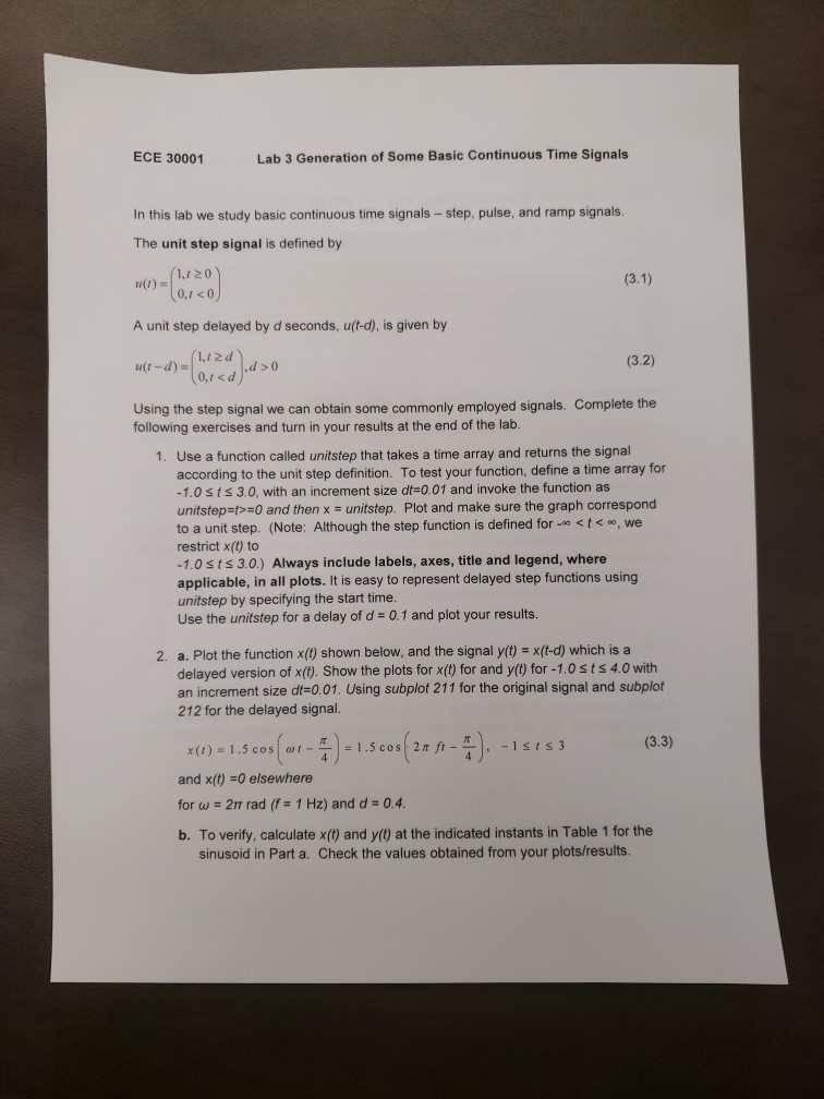 Solved ECE 30001 Lab 3 Generation of Some Basic Continuous | Chegg.com