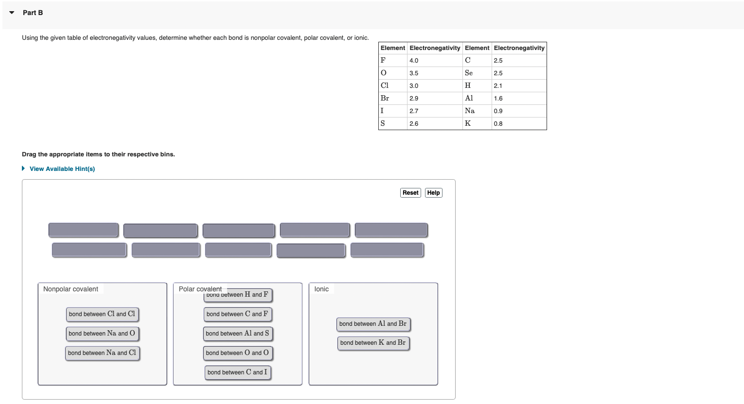Solved Part B Using the given table of electronegativity | Chegg.com