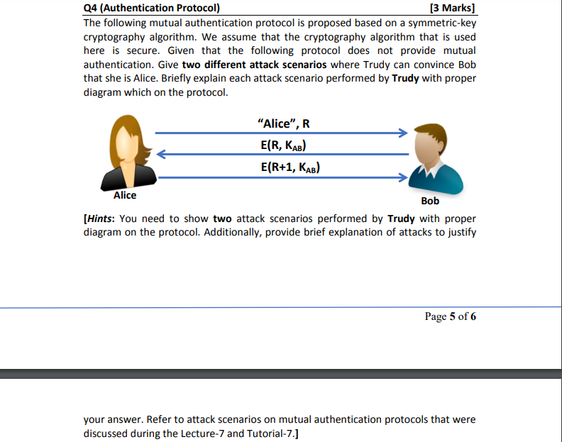 Solved 3 Marks] Q4 (Authentication Protocol) The following | Chegg.com