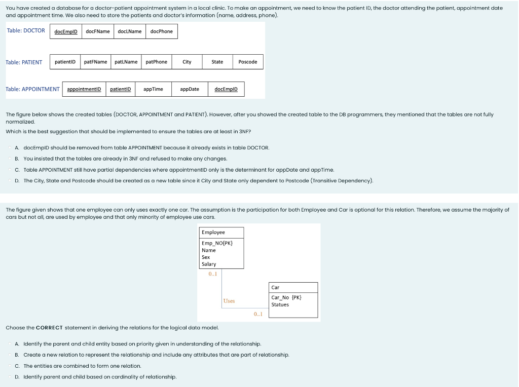 Solved You have created a database for a doctor-patient | Chegg.com