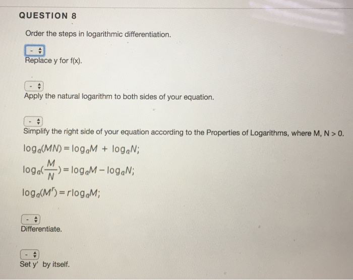 Solved Order the steps in logarithmic differentiation. | Chegg.com