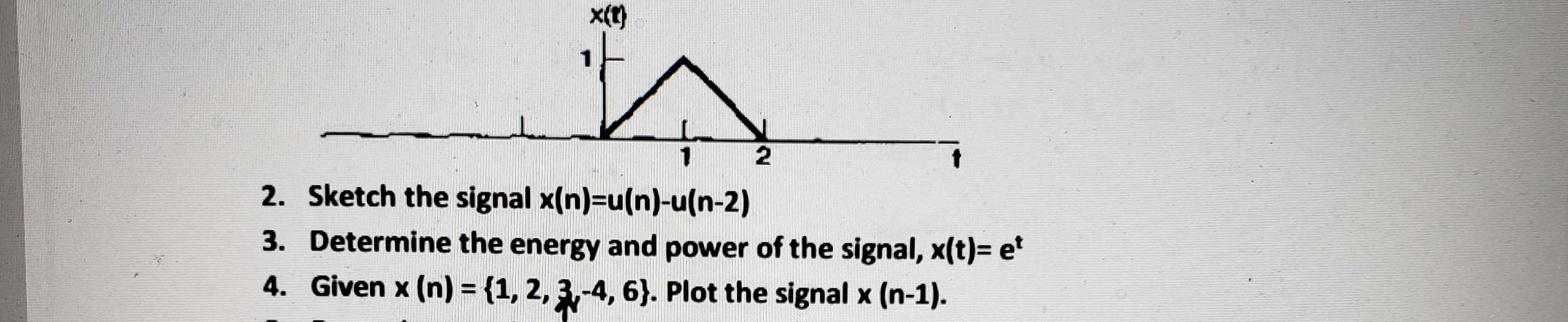 Solved 2. Sketch the signal x(n)=u(n)−u(n−2) 3. Determine | Chegg.com