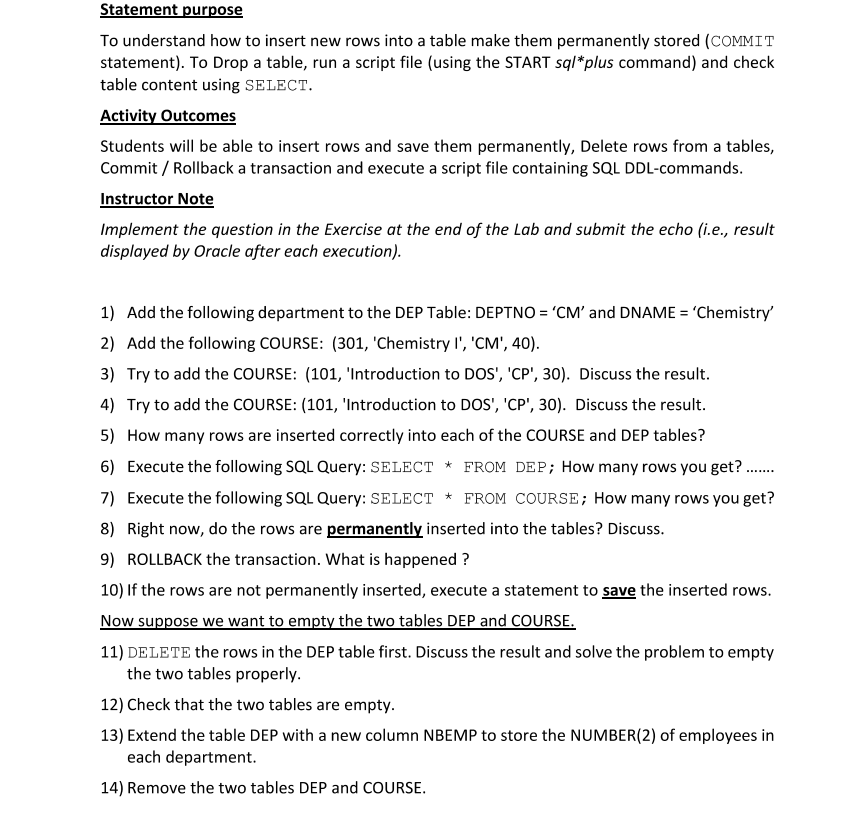 Solved Statement purpose To understand how to insert new | Chegg.com