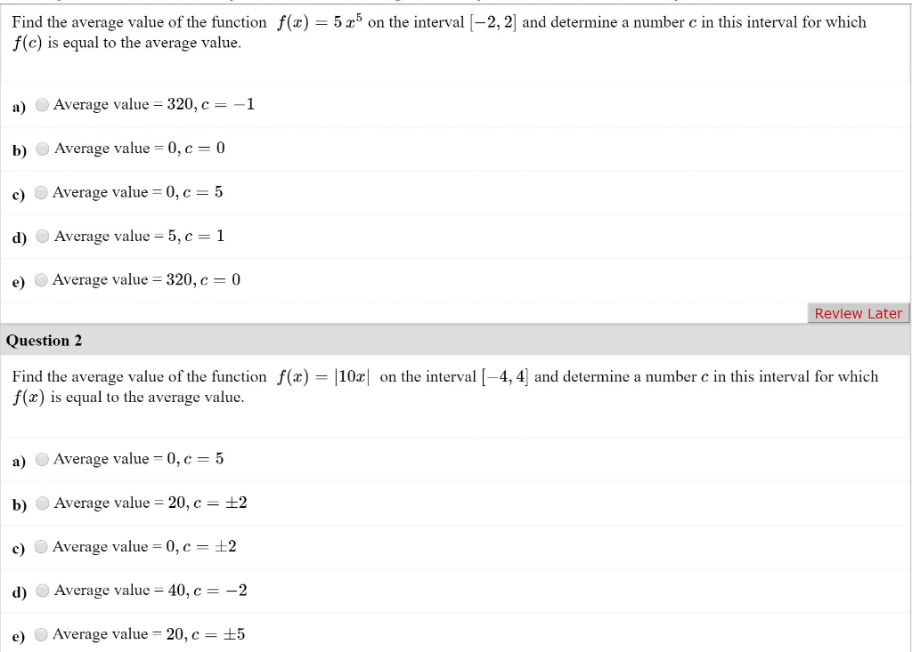 Solved Find the average value of the function f(x) = 5x5 on | Chegg.com