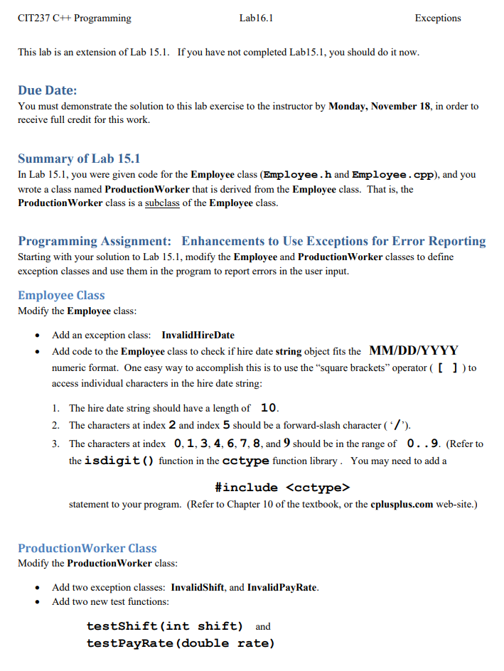 Solved CIT237 C++ Programming Lab16.1 Exceptions This lab is | Chegg.com