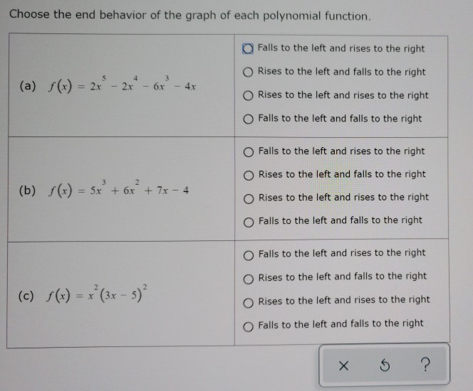Solved Choose the end behavior of the graph of each | Chegg.com