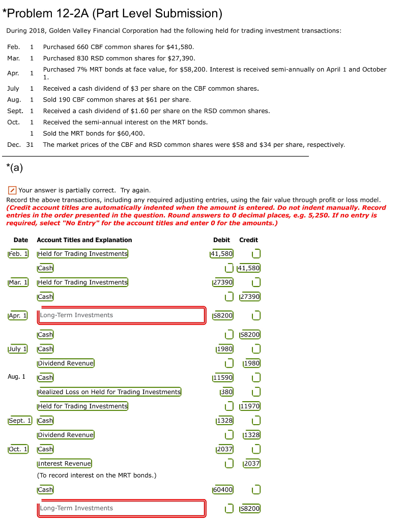 Solved *Problem 12-2A (Part Level Submission) During 2018, | Chegg.com