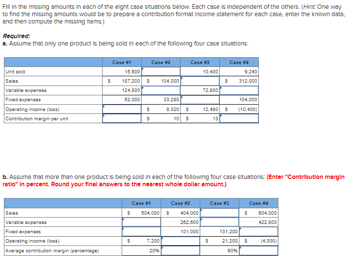 Solved Fill In the missing amounts in each of the eight case | Chegg.com