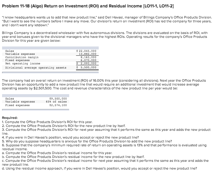 Solved Problem 11-18 (Algo) Return on Investment (ROI) and | Chegg.com