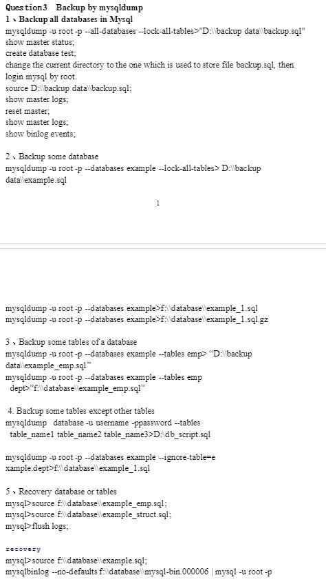 Solved Question 3 Backup by mysqldump 1. Backup all | Chegg.com