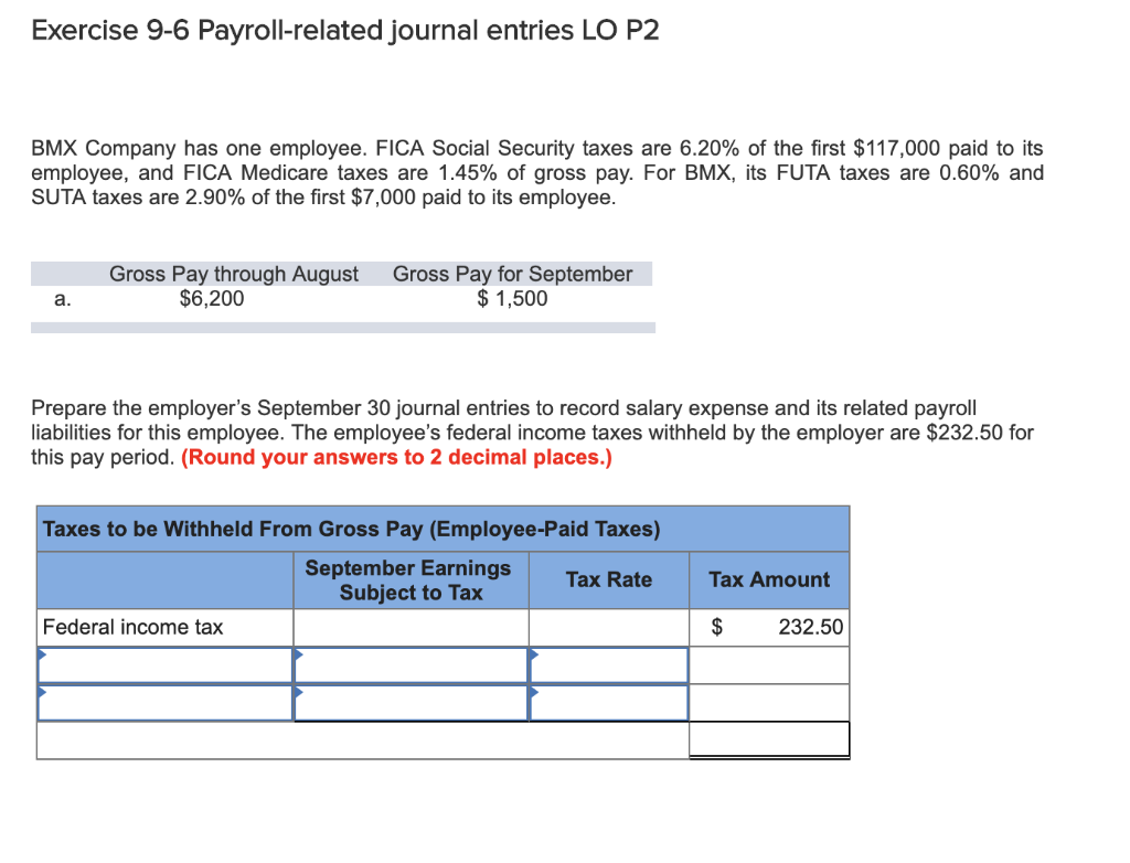 Solved Exercise 9 6 Payroll related Journal Entries LO P2 Chegg