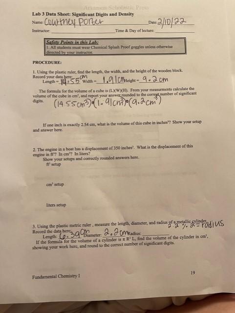 Solved PS Lab 3 Data Sheet: Significant Digits and Density | Chegg.com