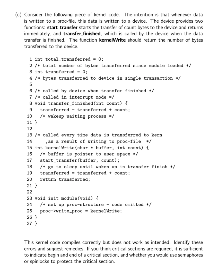 (c) Consider the following piece of kernel code. The | Chegg.com