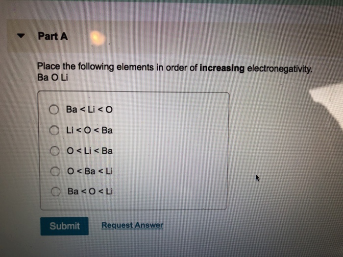 Solved Part A Place the following elements in order of | Chegg.com