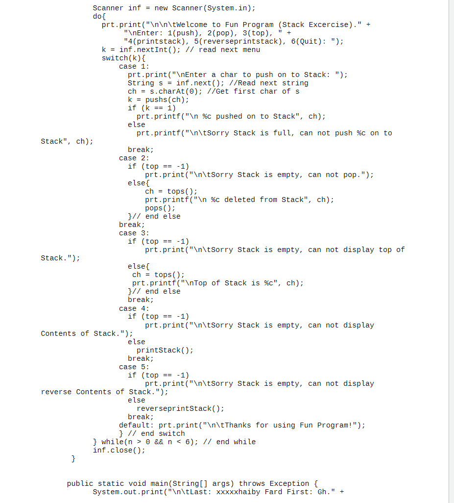 Solved //Implementing Stack with array of type char in JAVA | Chegg.com