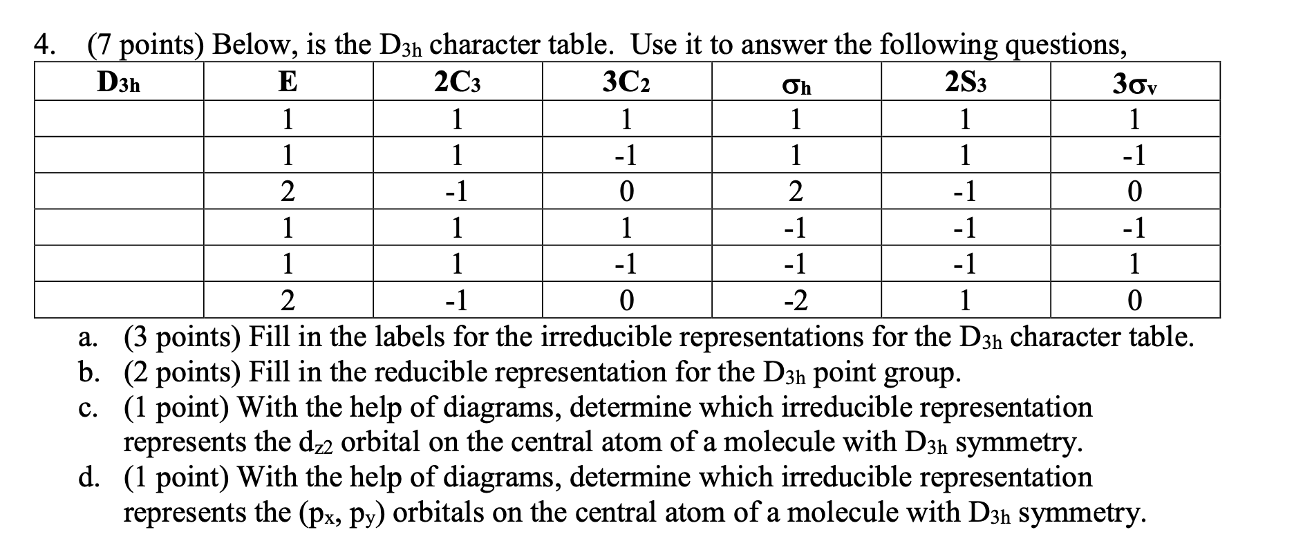 Solved > Oh 4. (7 points) Below, is the D3h character table. | Chegg.com