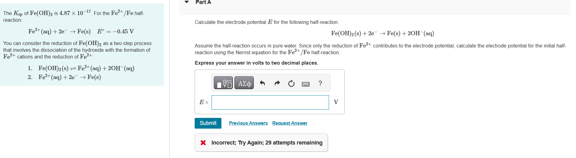 Solved The Ksp of Fe(OH)2 is 4.87×10−17. For the Fe2+/Fe | Chegg.com