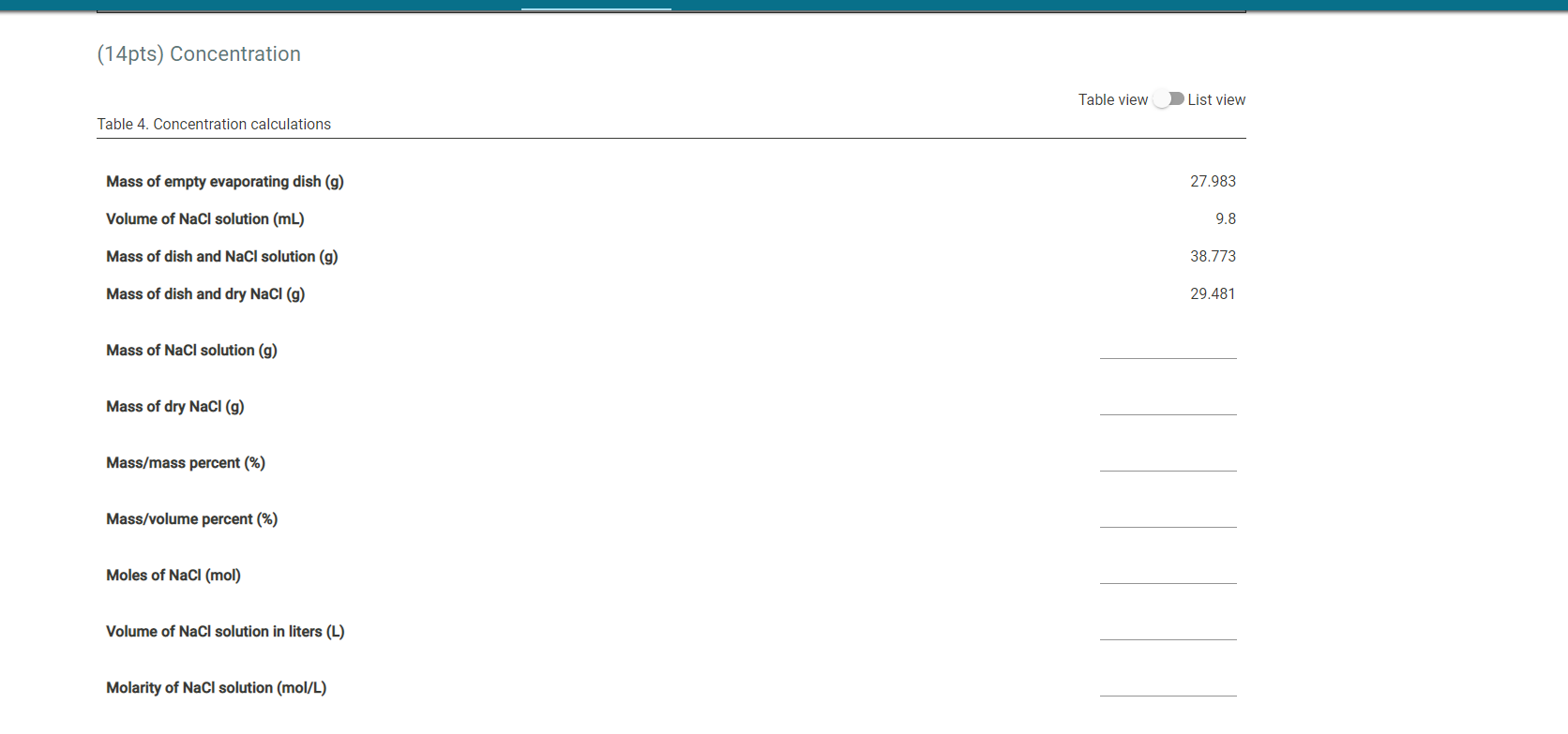 Solved (14pts) Concentration Table view List view Table 4. | Chegg.com