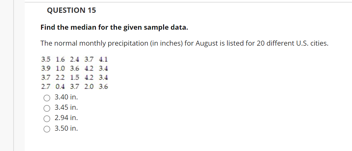Solved QUESTION 15 Find the median for the given sample | Chegg.com