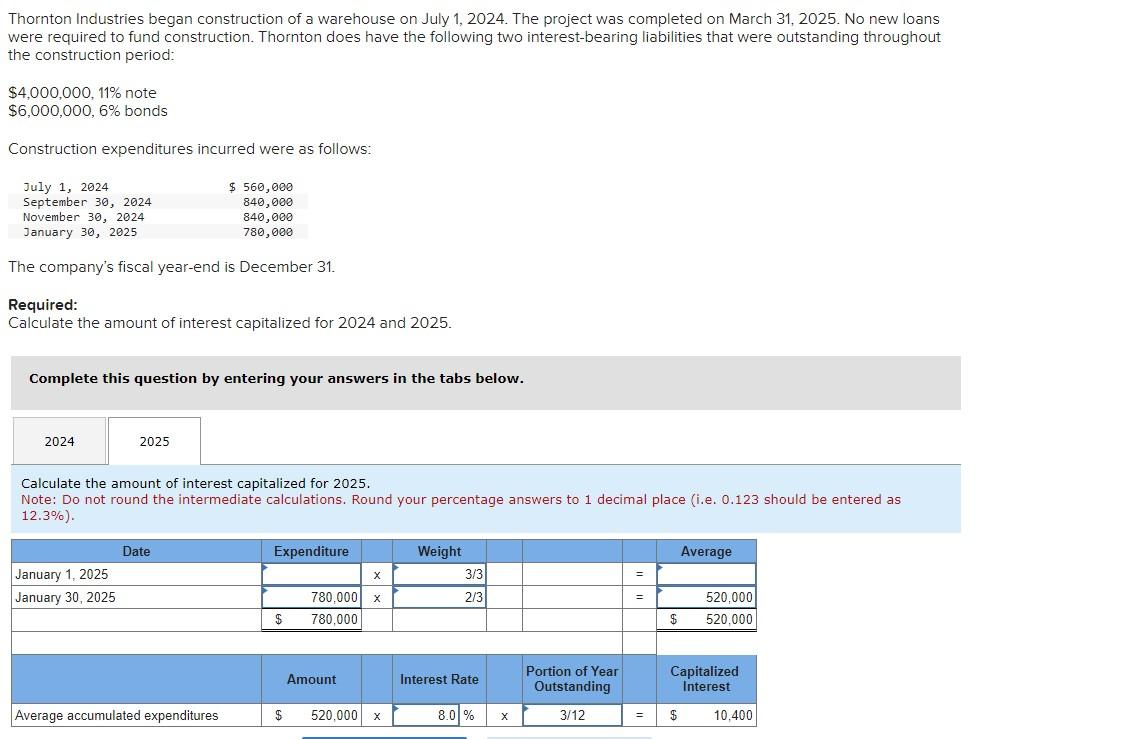 Solved Thornton Industries began construction of a warehouse | Chegg.com