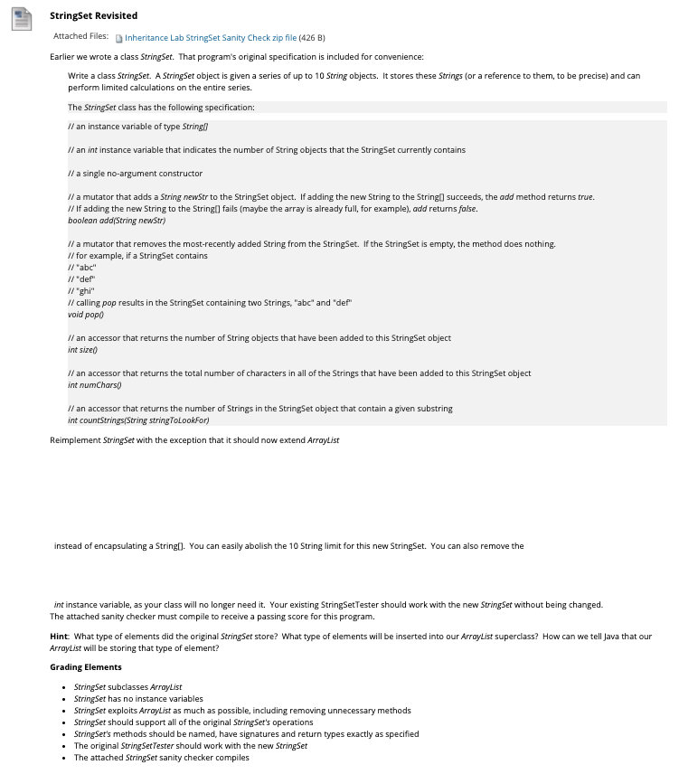 Solved StringSet Revisited Attached Files: Inheritance Lab | Chegg.com