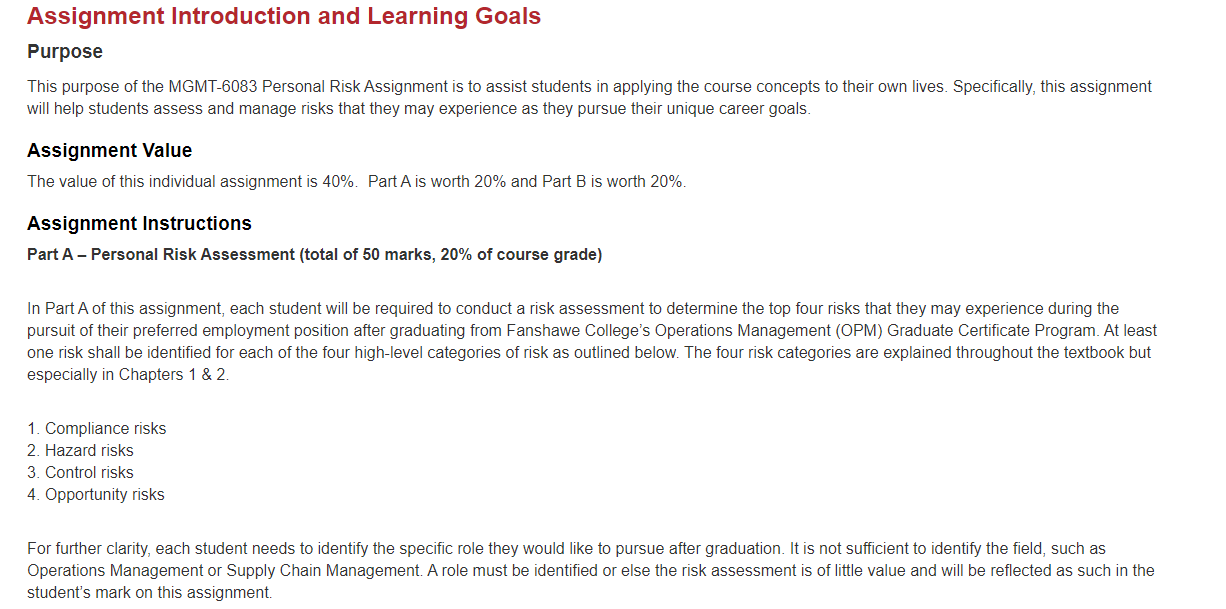 Purpose This purpose of the MGMT-6083 Personal Risk | Chegg.com