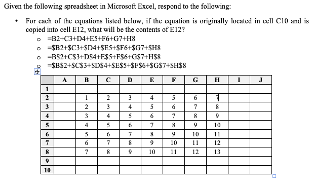 Solved Given the following spreadsheet in Microsoft Excel, | Chegg.com