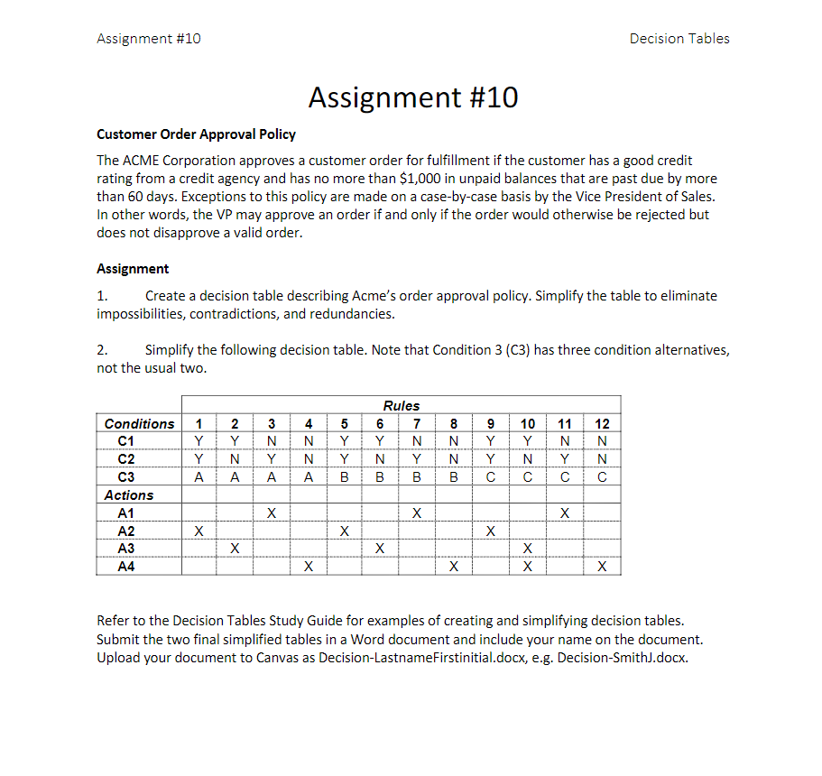 Assignment #10 Decision Tables Assignment #10 | Chegg.com