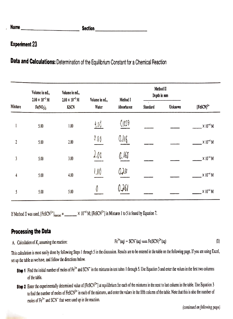 Name Secton Experiment 23 Data and Calculations: | Chegg.com