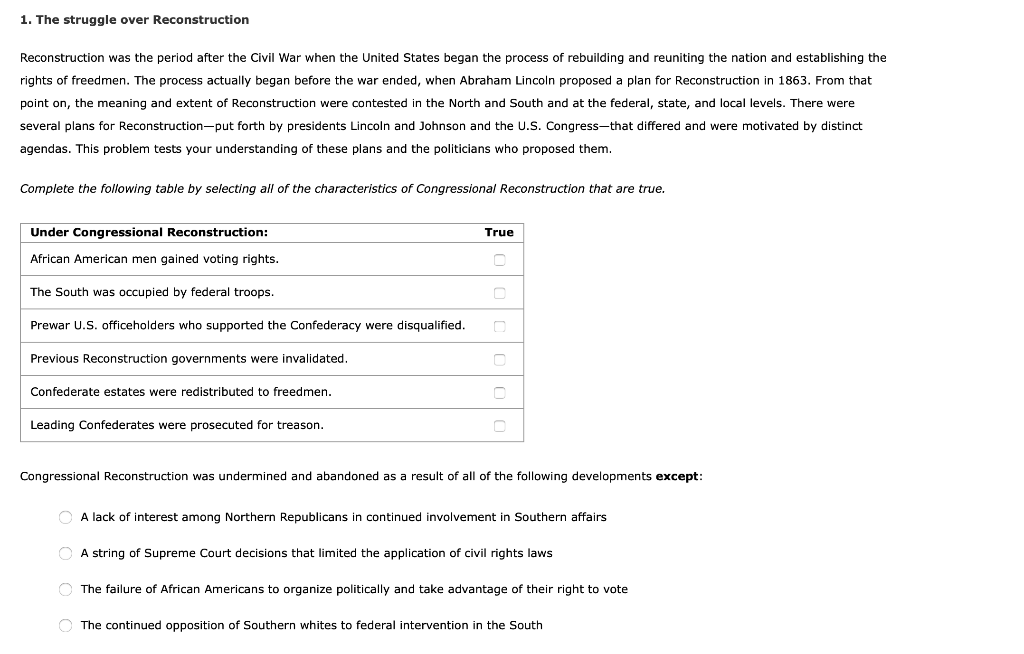 1. The struggle over Reconstruction Reconstruction | Chegg.com