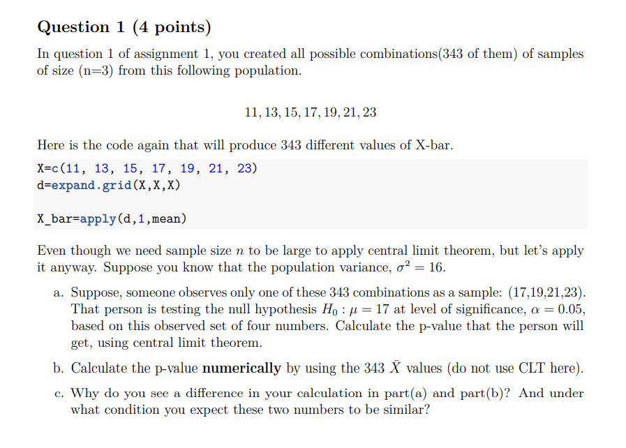 Solved Question 1 (4 points) In question 1 of assignment 1, | Chegg.com