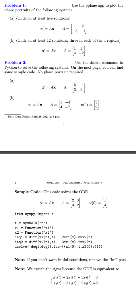 Problem 1: Use the pplane app to plot the phase | Chegg.com